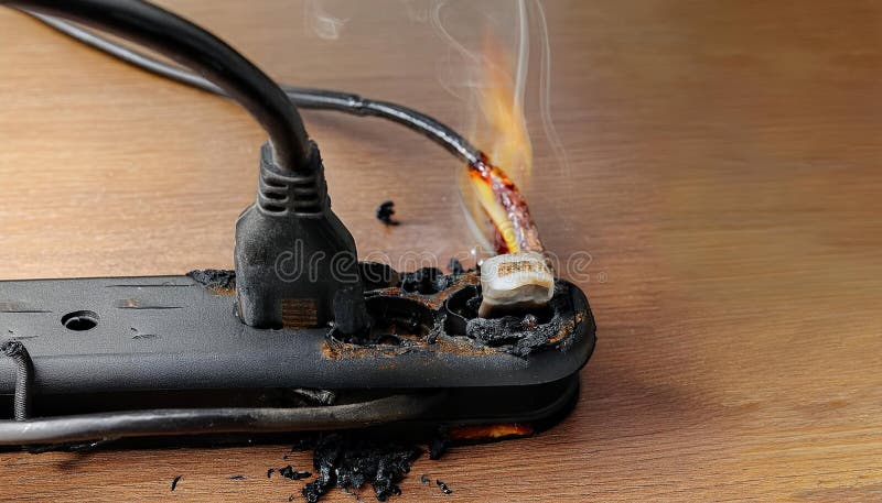 Electrical Surge Protector with Extension Cord on Fire Stock ...