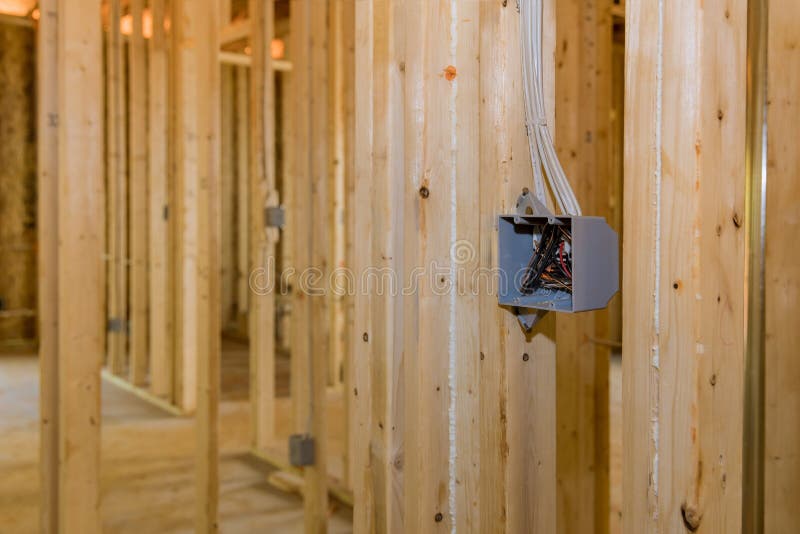 An Electrical Switch Box Plastic Mounted a Wires on Wooden Frame Beams ...