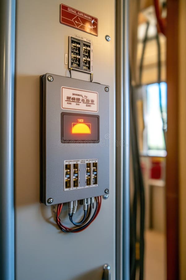 Electrical Switchboard with Warning Light Flashing in Server Room Stock ...
