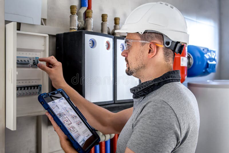 Electrical Technician Looking Focused while Working in a Switchboard ...