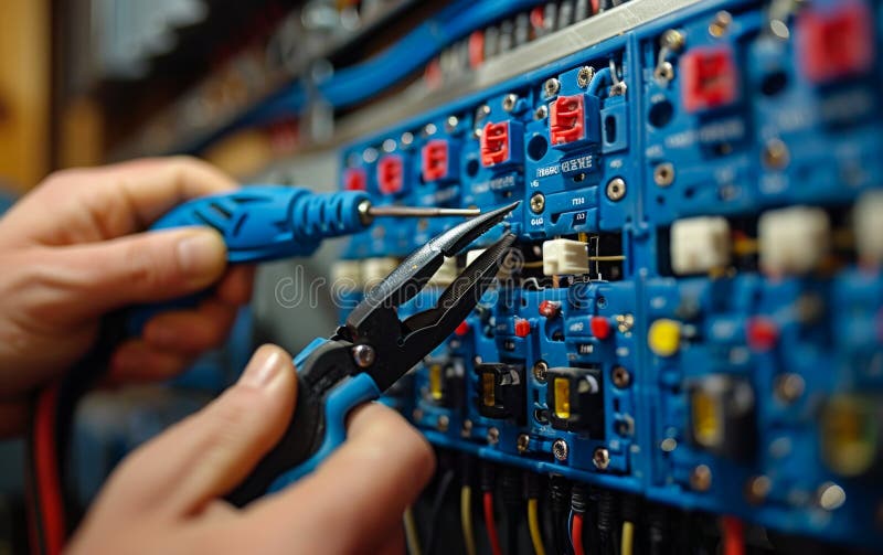 An Electrical Technician Uses Tools To Fix Components in a Control ...