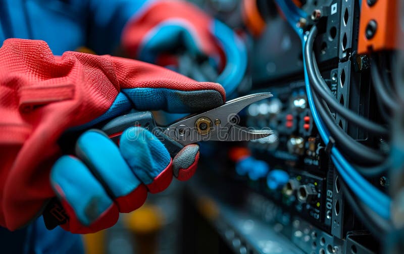 Electrical Technician is Using Pliers To Tighten the Wire in the Electrical Cabinet. Stock Photo ...