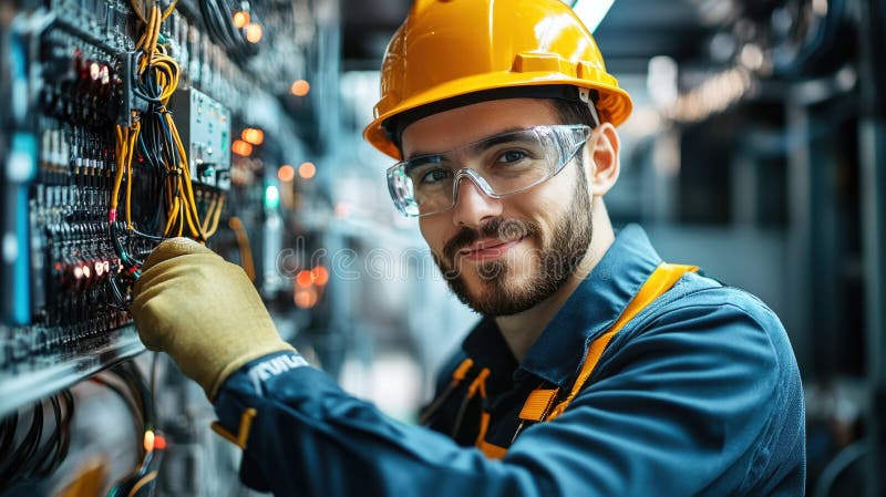 Electrical Technician Working on Control Panel in a Modern Industrial ...