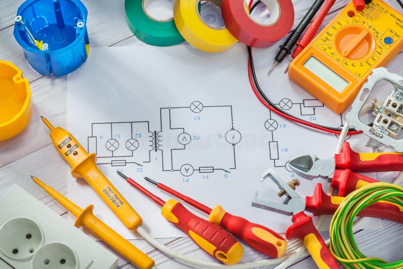 Electrical Tools Big Set on White Painted Wooden Boards Background ...