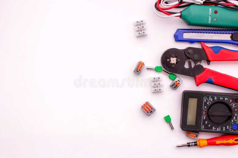 Electrical Tools and Components on White Background Stock Photo - Image ...