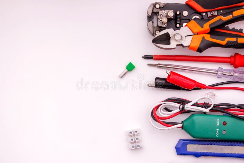 Electrical Tools and Components on White Background Stock Photo - Image ...
