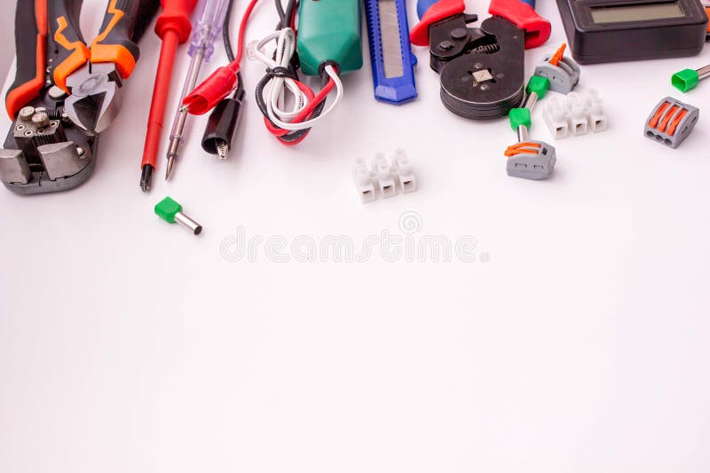 Electrical Tools and Components on White Background Stock Image - Image ...