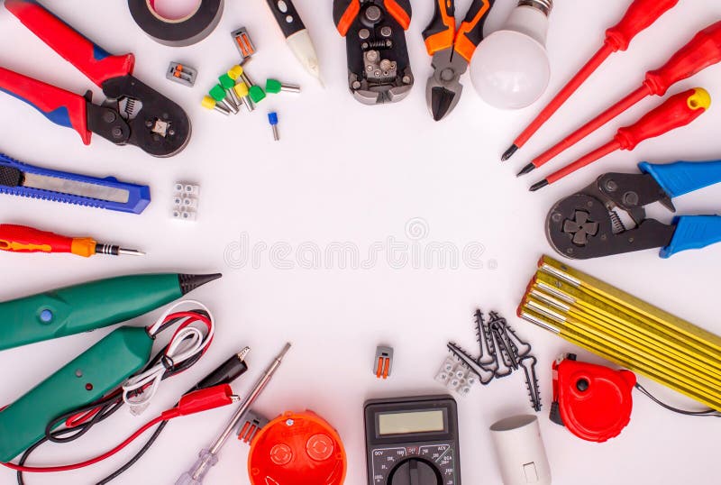 Electrical Tools and Components on White Background Stock Photo - Image ...