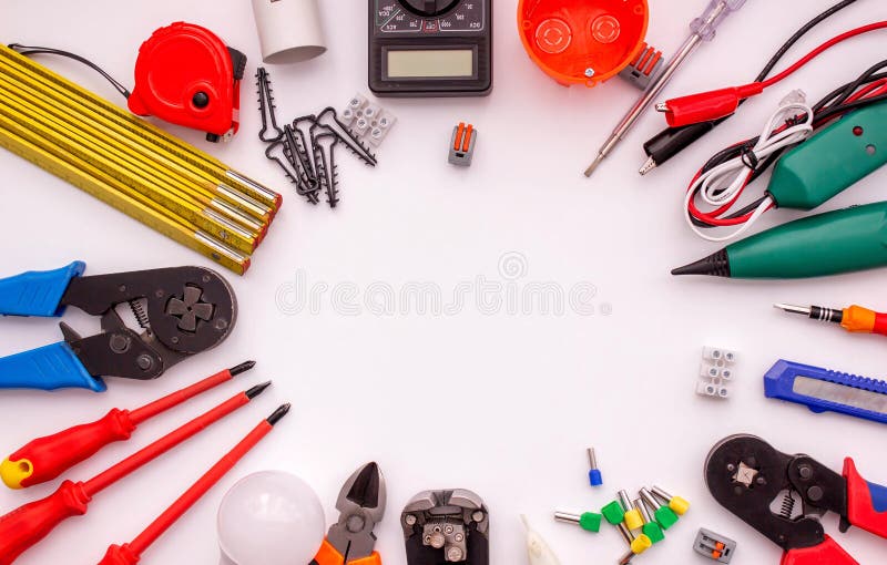 Electrical Tools and Components on White Background Stock Photo - Image ...