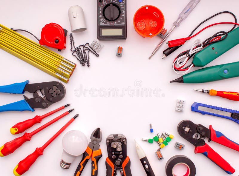Electrical Tools and Components on White Background Stock Photo - Image ...