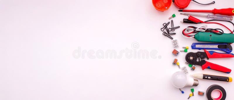 Electrical Tools and Components on White Background Stock Photo - Image ...