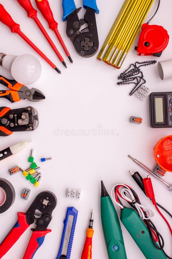 Electrical Tools and Components on White Background Stock Photo - Image ...