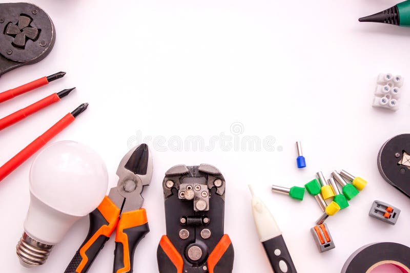 Electrical Tools and Components on White Background Stock Image - Image ...