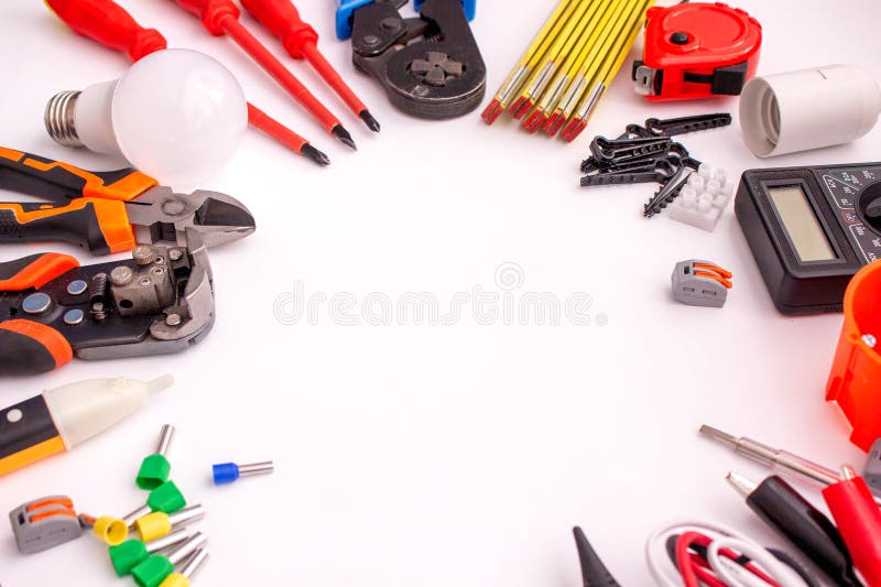 Electrical Tools and Components on White Background Stock Image - Image ...