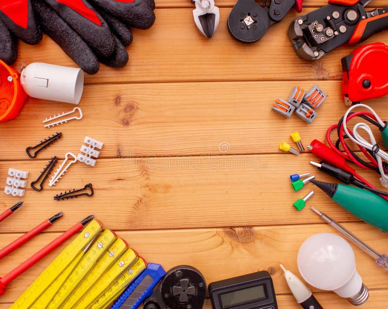 Electrical Tools and Components on Wooden Background Stock Image ...