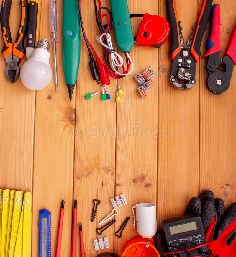 Electrical Tools and Components on Wooden Background Stock Photo ...