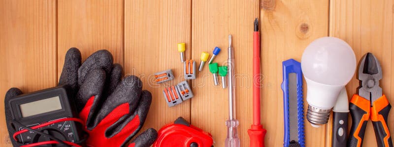 Electrical Tools and Components on Wooden Background Stock Photo ...