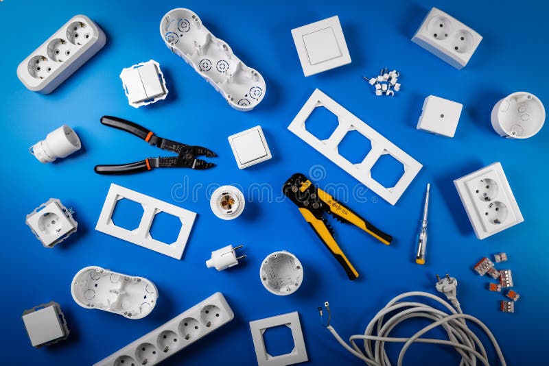 Electrical Tools and Equipment on Blue Background. Top View Flat Stock ...