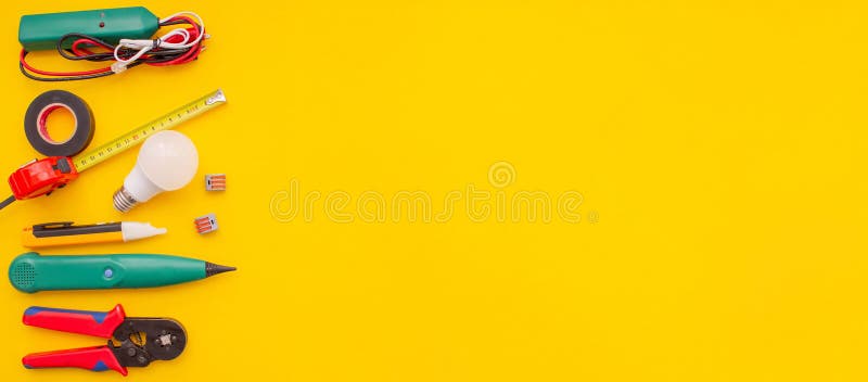 Electrical Tools and Equipment on Yellow Background Stock Image - Image ...