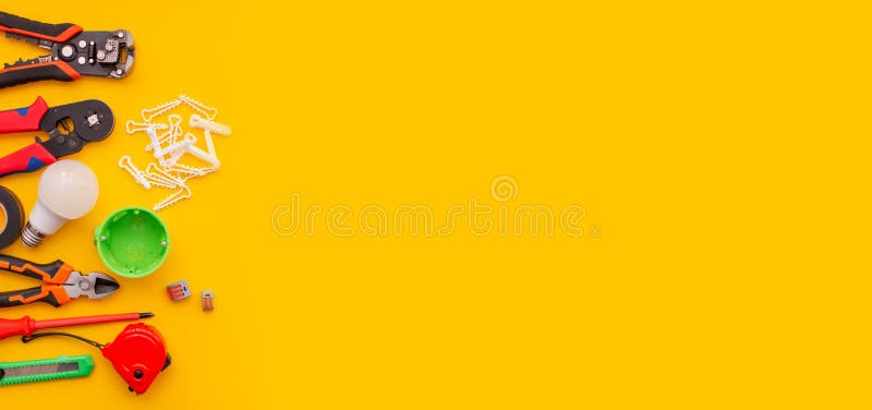 Electrical Tools and Equipment on Yellow Background Stock Image - Image ...