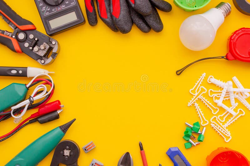 Electrical Tools and Equipment on Yellow Background Stock Photo - Image ...