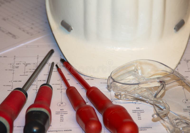 Electrical Tools on Schematic Drawing Stock Photo - Image of cable ...