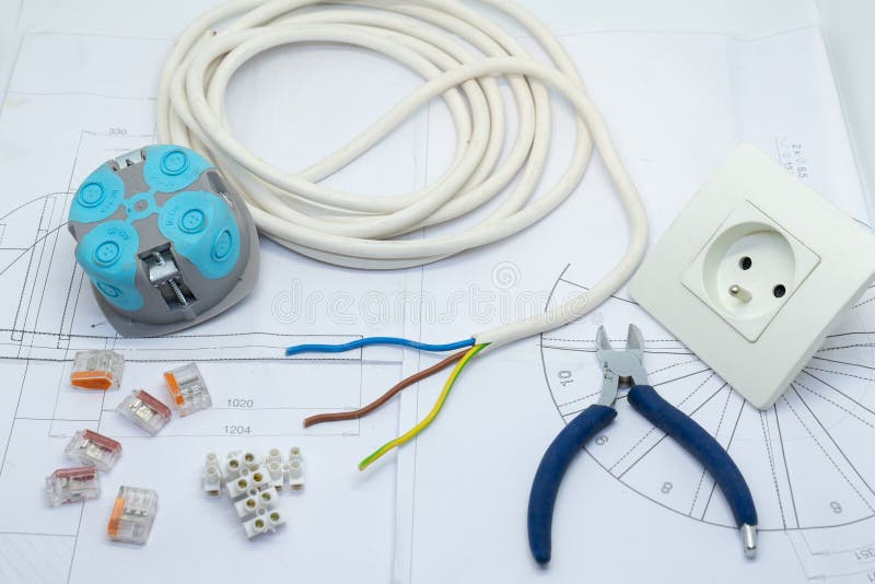 Electrical Tools and Supplies on Architect`s Plan Stock Image - Image ...
