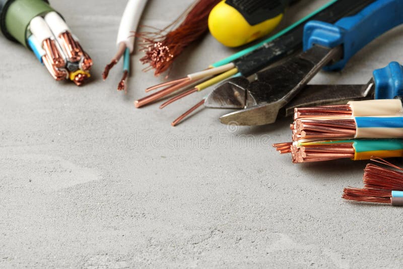 Electrical Tools and Wires on Gray Surface Stock Photo - Image of ...