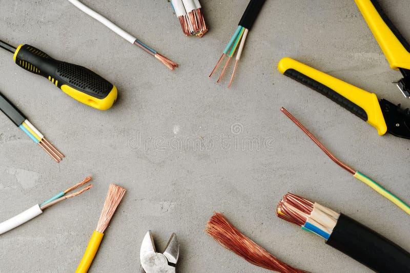 Electrical Tools and Wires on Gray Surface Stock Image - Image of ...