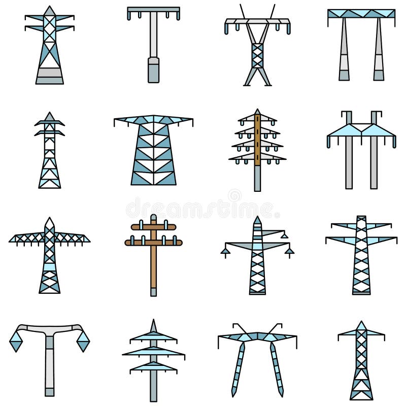 Electrical Tower Icon Set, Outline Style Stock Vector - Illustration of ...