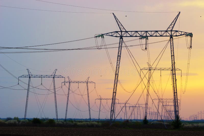 Electrical Tower Power Pole in Great Sunset Stock Image - Image of ...