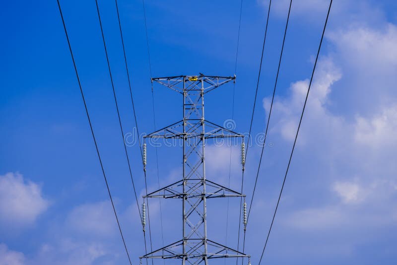 Electrical Tower Station Wiring Power with Cloudy and Blue Sky ...