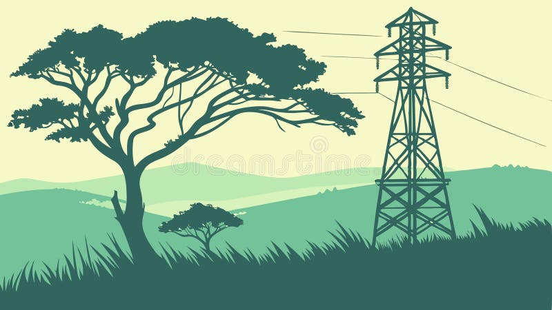 Electrical Tower and Tree, Power Infrastructure in Nature, Vector ...