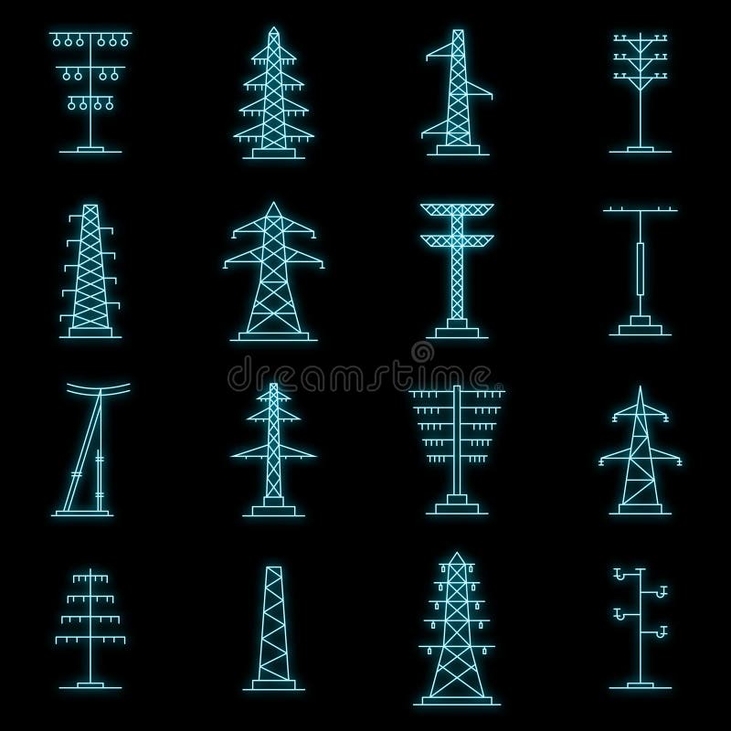 Electrical Tower Voltage Icons Set Vector Neon Stock Vector ...