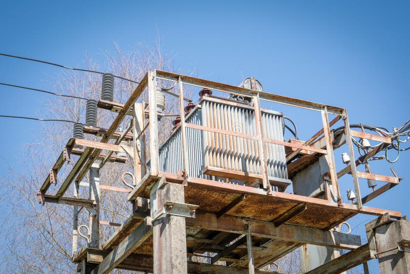 Electrical Transformer Station with Power Lines and Insulators in ...