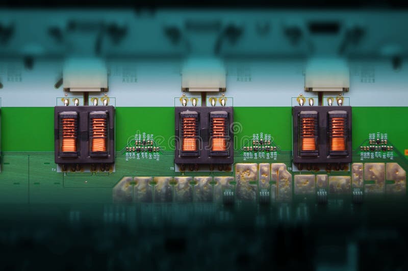Electrical Transformers Aligned on PCB Stock Photo - Image of focus ...