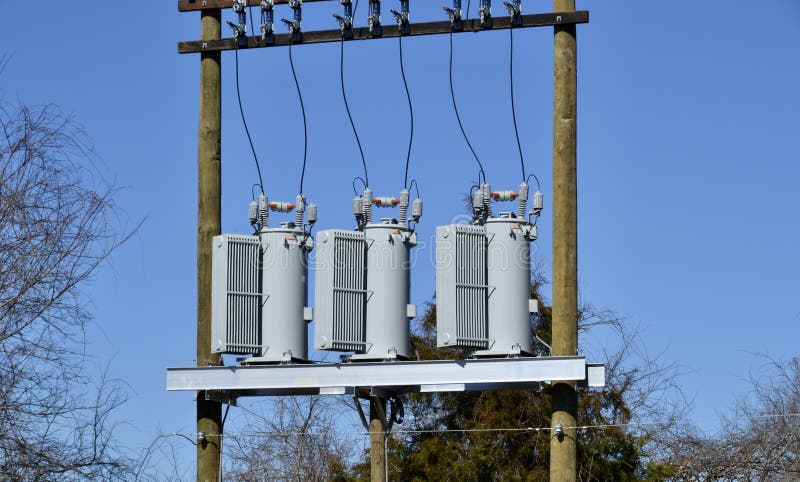 Electrical Transformers on a Power Line Stock Photo - Image of ...