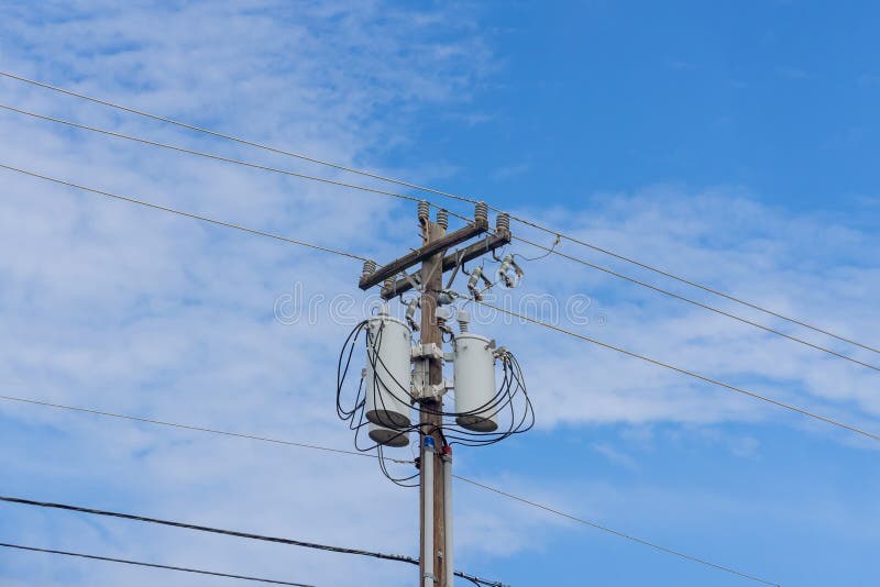 Cables, Electrical Wires are Seen on a Wooden Pillar the Blue Sky Stock ...