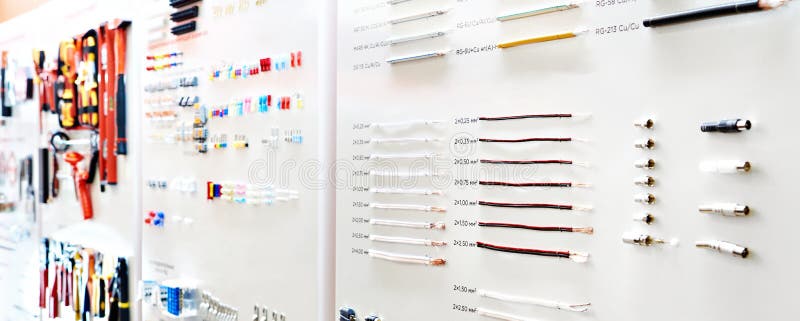 Electrical Wires and Connectors on Stand in Store Stock Image - Image ...