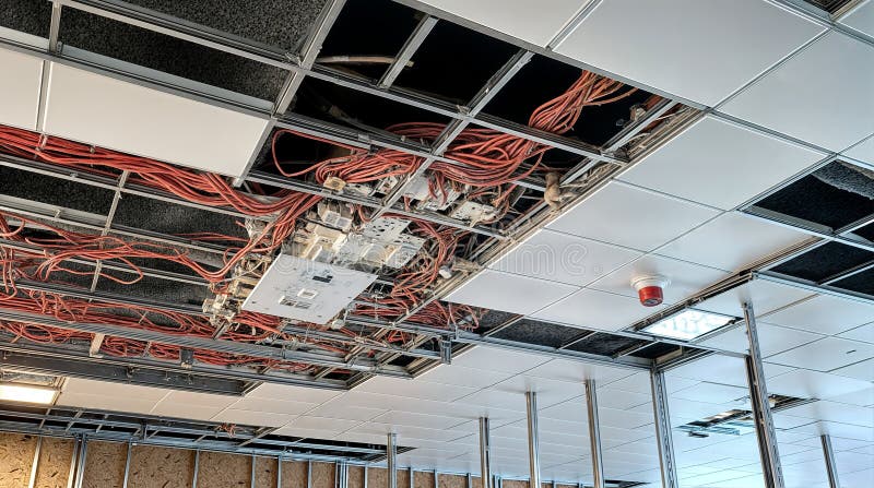 Electrical Wiring and Ceiling Panels Installation in Progress Stock ...