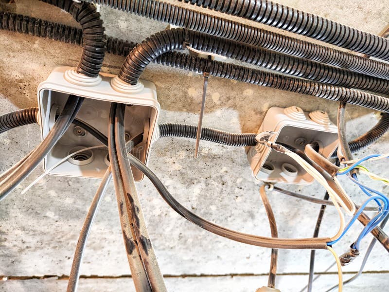Electrical Wiring Junction Boxes with Multiple Cables Installed in a ...