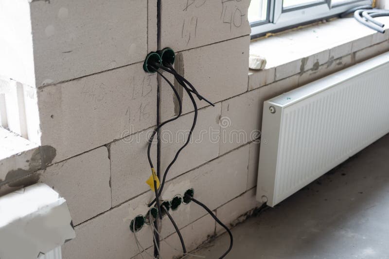 Electrical Wiring Work at a Construction Site. Wire Extension. Stock ...