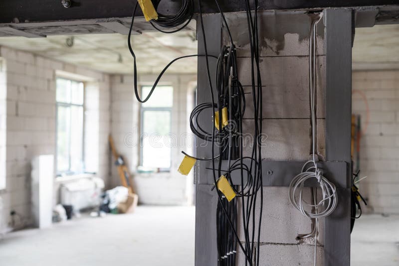 Electrical Wiring Work at a Construction Site. Wire Extension. Stock ...