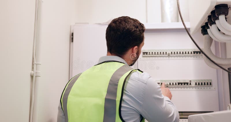 Building, Maintenance and Man on Roof with Tool Box, Solar Panel and ...