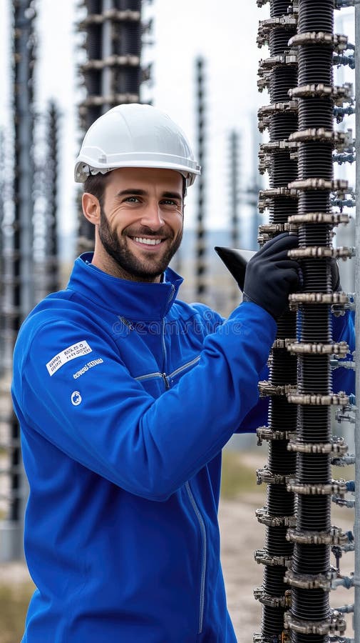 Electrician in Blue Uniform Performs an Electrical Safety Check Using a ...