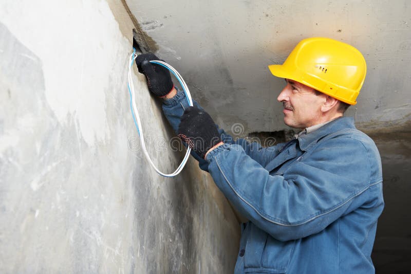 Electrician at Cable Wiring Work Stock Photo - Image of construction ...