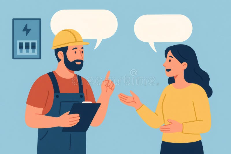 Electrician with Clipboard Explaining Electric Panel Operation To ...