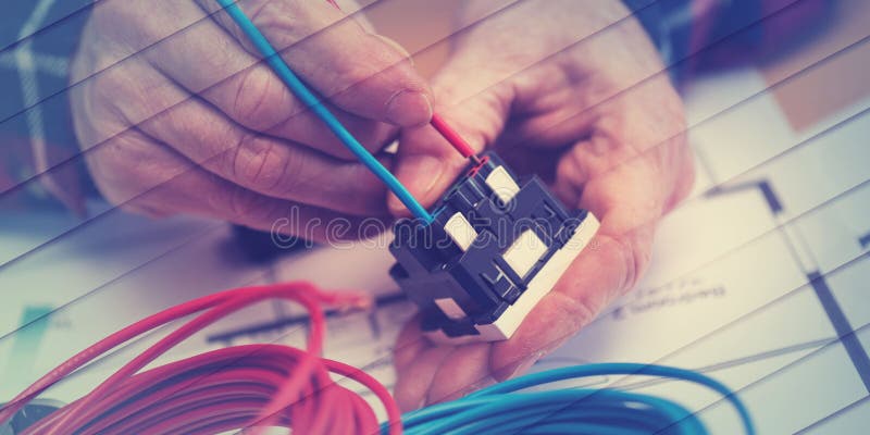 Electrician Connecting a Wire into a Power Socket, Geometric Pattern ...