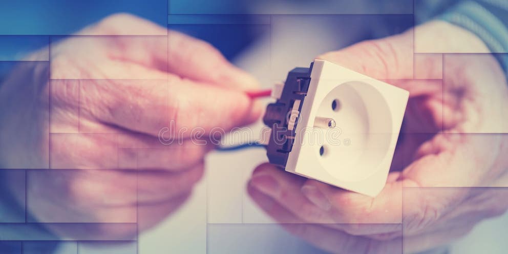 Electrician Connecting a Wire into a Power Socket, Geometric Pattern ...