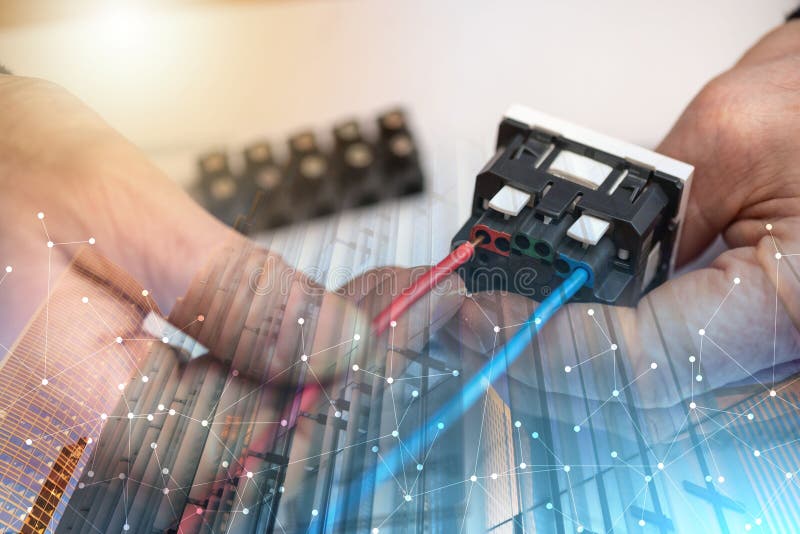Electrician Connecting a Wire into a Power Socket Multiple Exposure ...